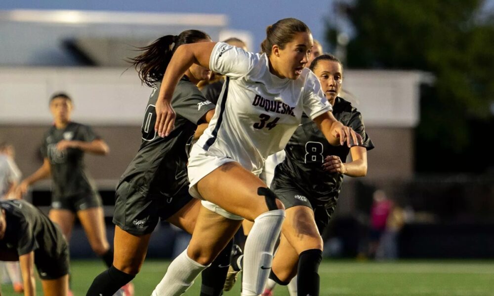 Duquesne women soccer HC Jessica Giegucz, Mackenzie Muir and Brianna ...