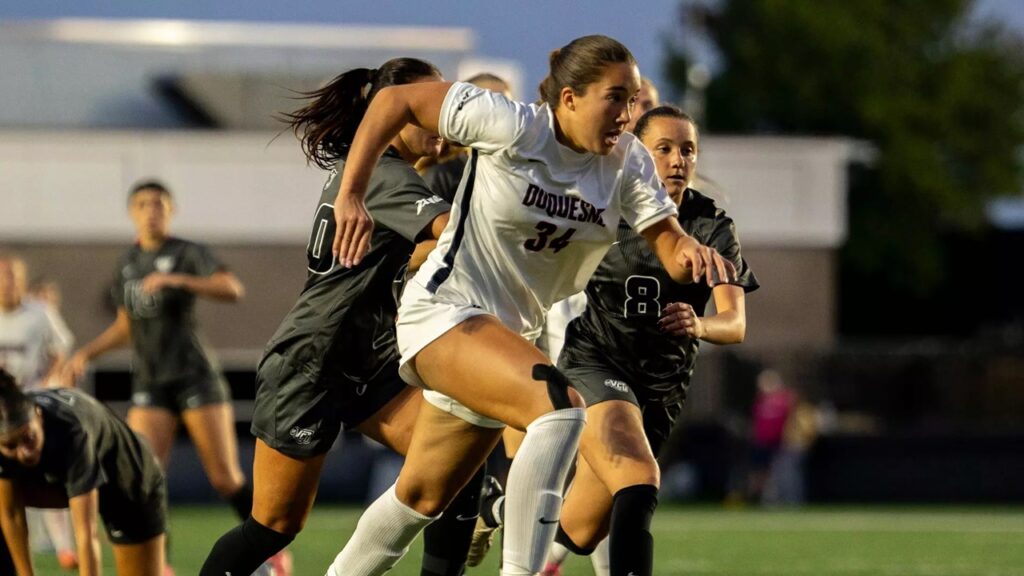 Duquesne women soccer HC Jessica Giegucz, Mackenzie Muir and Brianna ...
